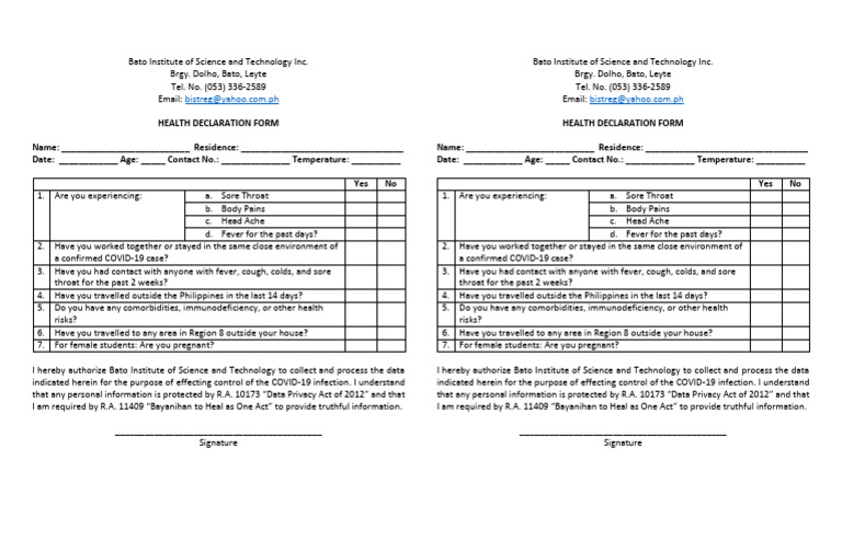 Bato Institute Health Declaration Form | PDF | Common Cold | Microbiology