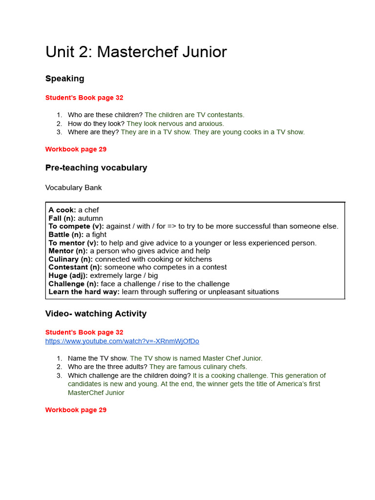 Unit 2 - Lesson 1 Masterchef Junior | PDF