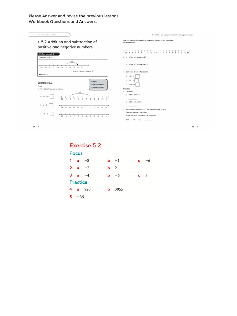 Page 54 - 56 Grade 5 Workbook Answers - Adding and Subtracting Positve ...