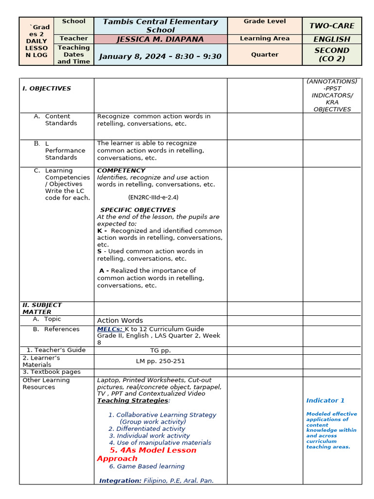 CO LESSON PLAN English Q2 | PDF | Learning | Teachers