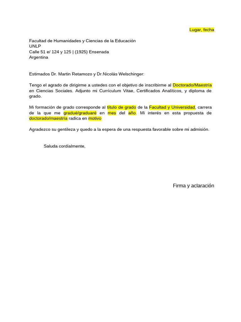 Modelo Nota de Solicitud de Inscripción | PDF