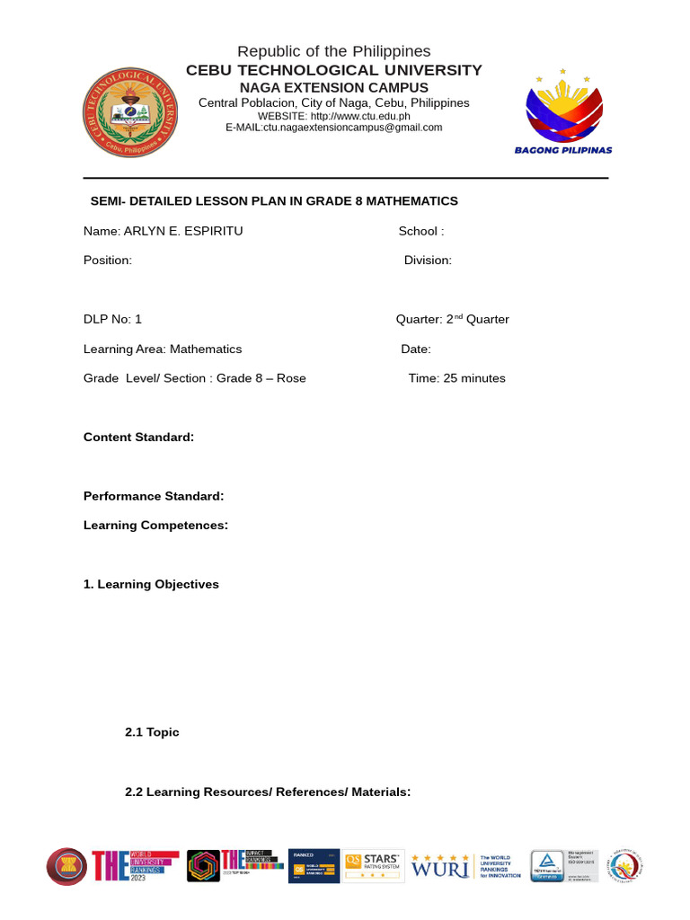 Semi Detailed Lesson Plan Grade 8 Second Quarter Mathematics Pdf