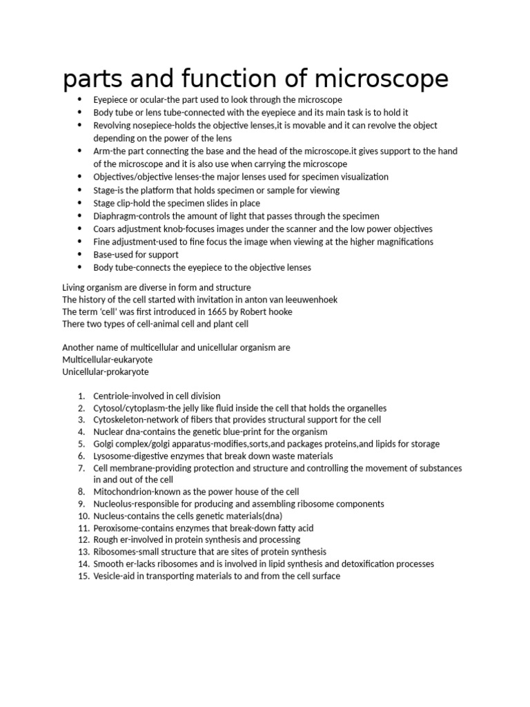 Parts and Function of Microscope | PDF | Cell (Biology) | Microscope