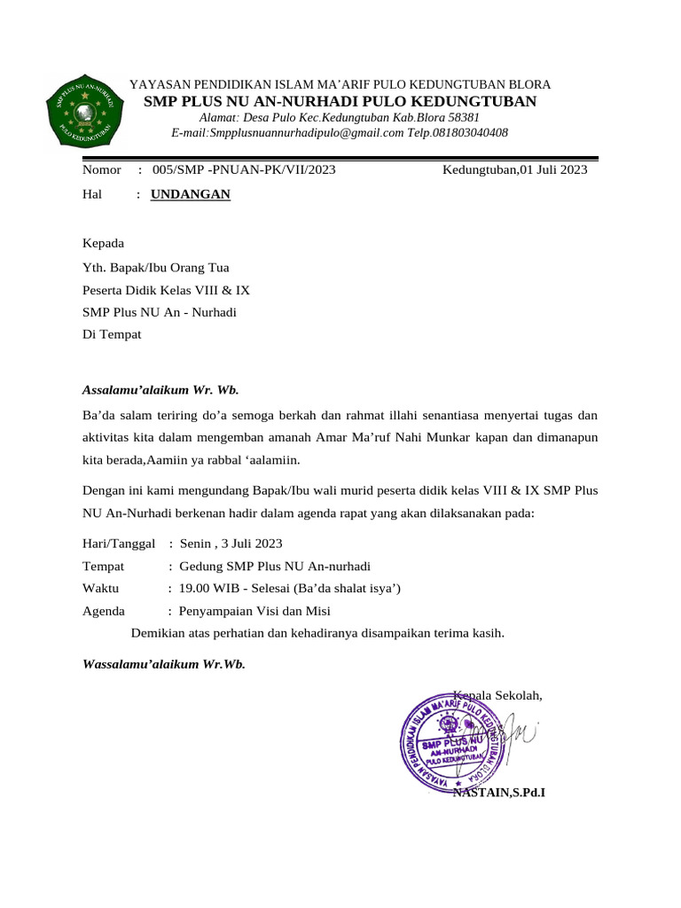 Undangan Wali Murid Visi Misi | PDF