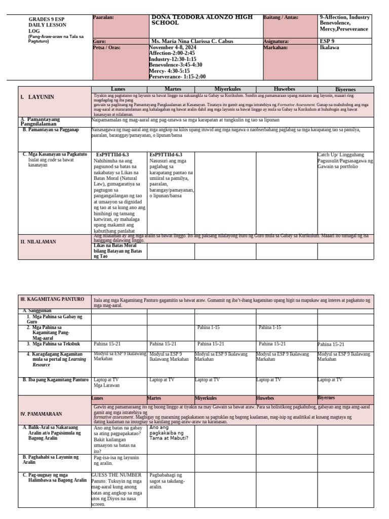DLL - ESP9-w4-2ndQ (Reteach) 2 | PDF