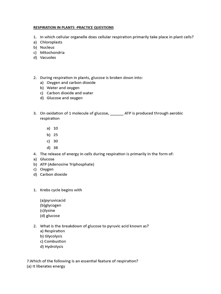 Respiration in Plants Questions | PDF | Cellular Respiration ...