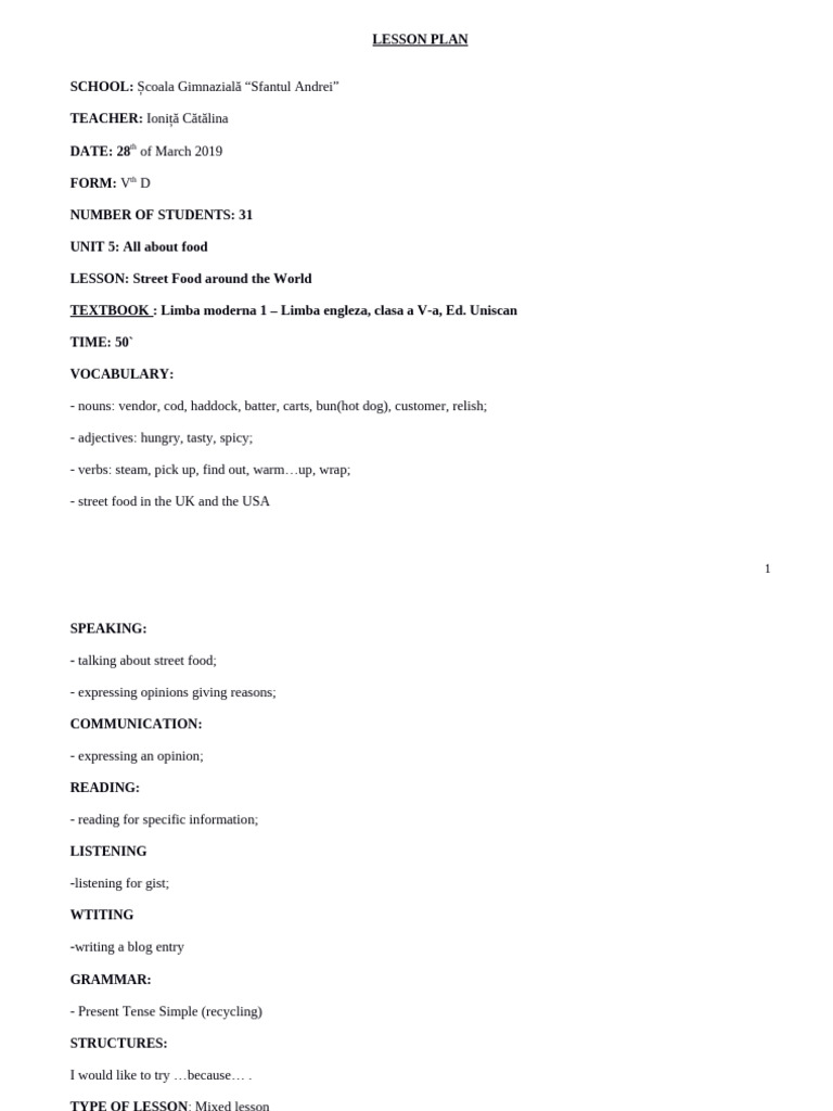 Lesson Plan 5th Grade Street Food | PDF | Vinegar | Human Communication