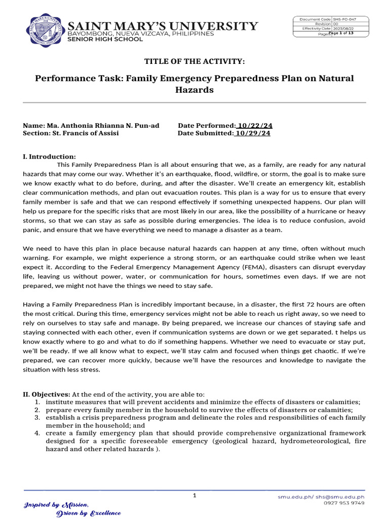 Family Emergency Preparedness Plan | PDF | Emergency Management ...