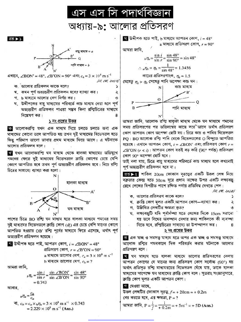 SSC Physics Note Chapter 9 Refraction of Light | PDF
