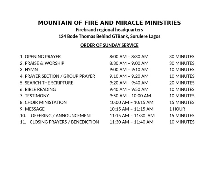 Sunday Service Schedule at MFM | PDF