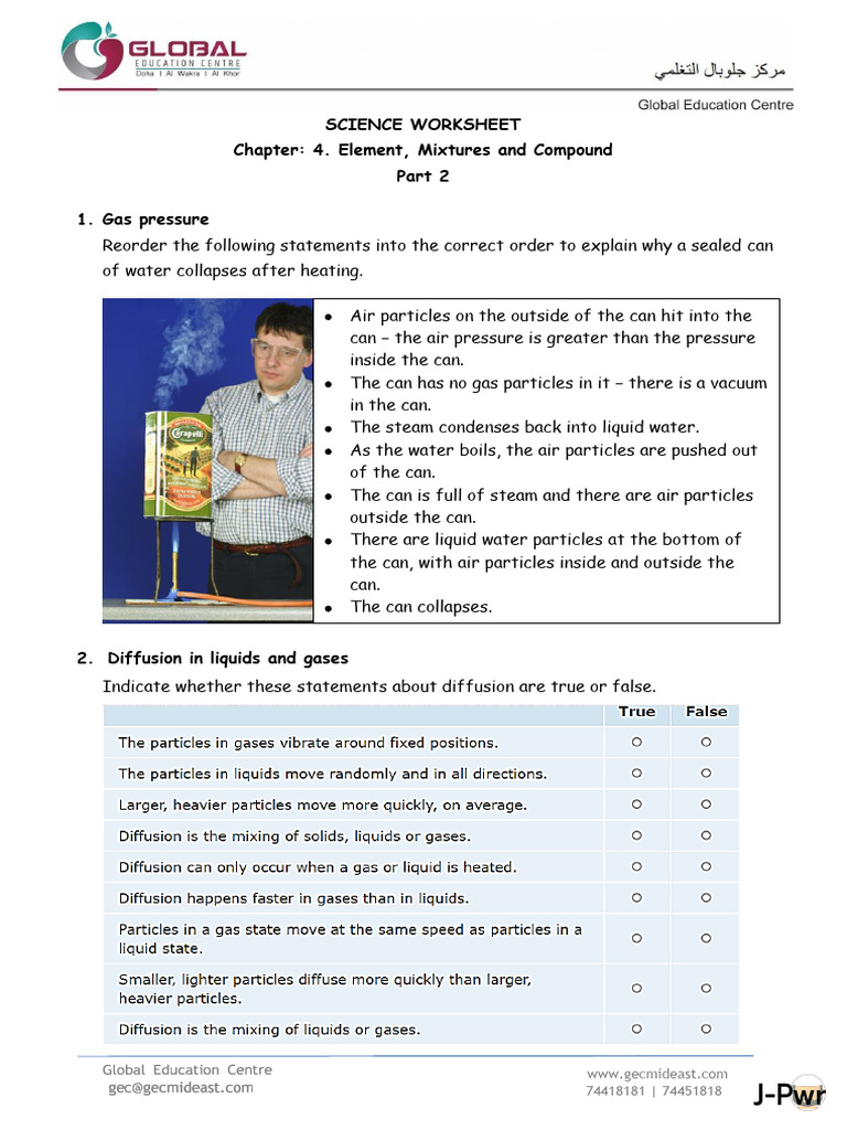 Element, Mixtures and Compound Worksheet 2 | PDF | Chemical Elements ...