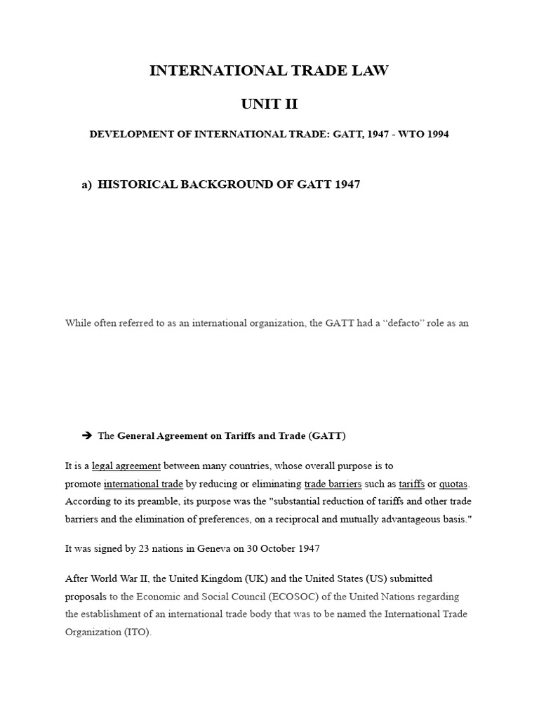 INTERNATIONAL TRADE LAW Unit 2 | PDF | World Trade Organization | Most ...