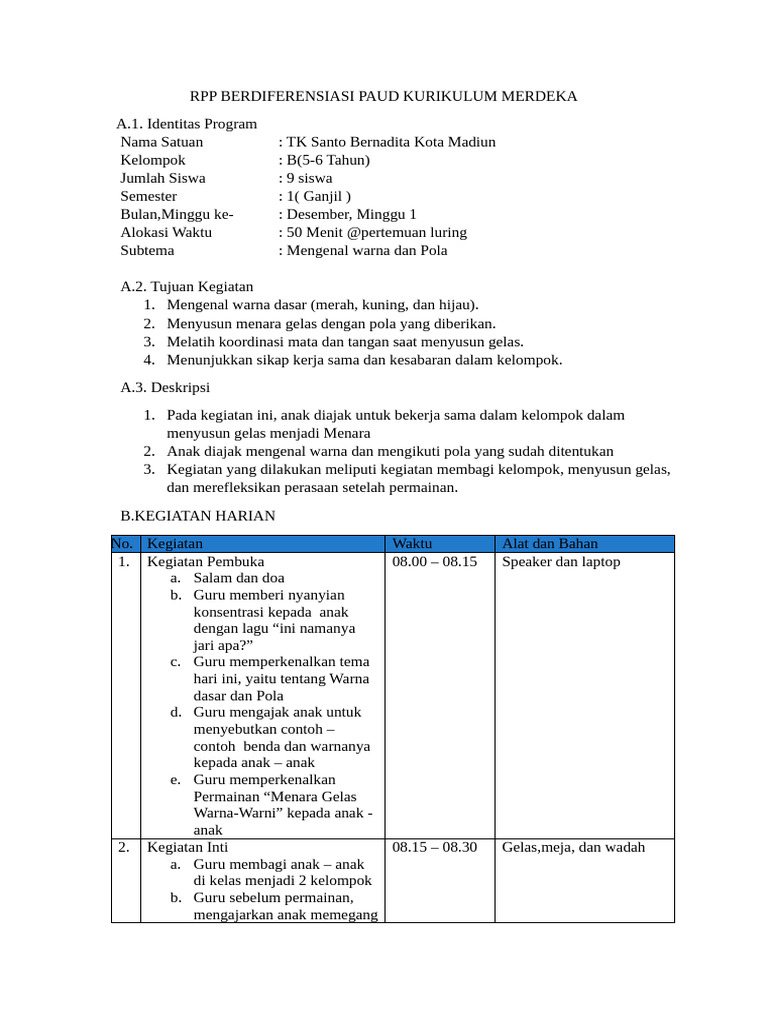 RPP Pembelajaran Berdiferensiasi PAUD | PDF | Seni