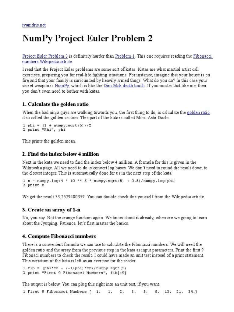 Numpy Project Euler Problem 2: 1. Calculate The Golden Ratio | PDF | Summation | Integer ...