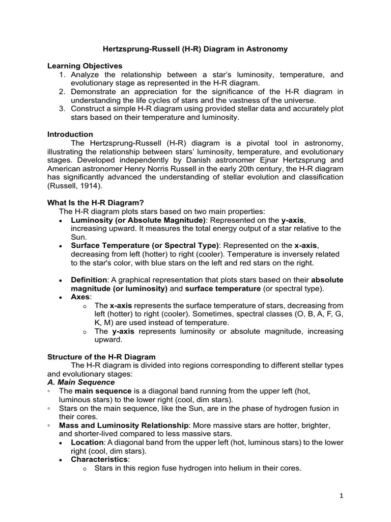 Hertzsprung-Russell (H-R) Diagram in Astronomy | PDF | Stars ...