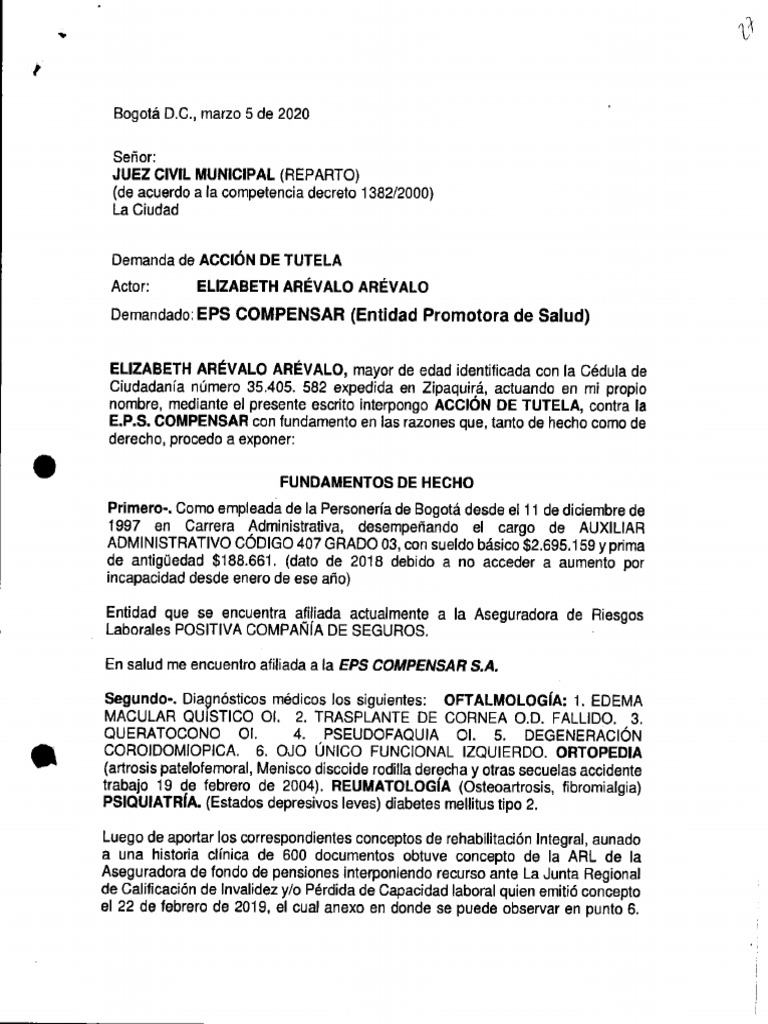 01EscritoTutela Compensar Eps | PDF 01EscritoTutela Compensar Eps | PDF