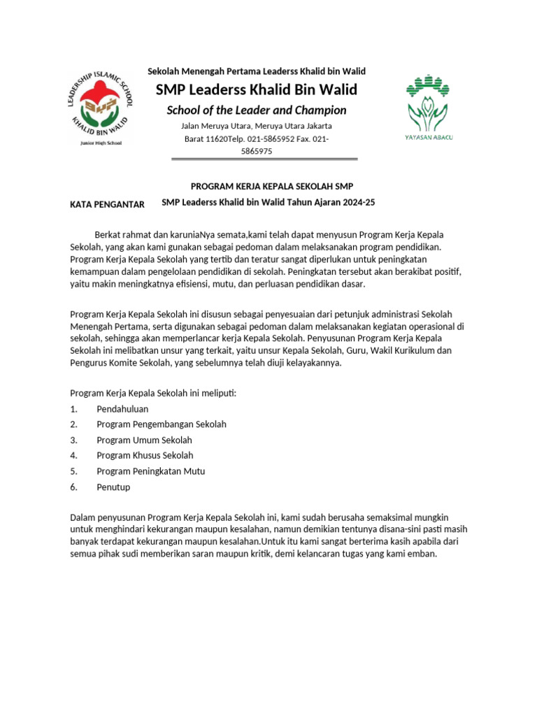 Rencana Kerja Tahunan Kepsek SMP KBW | PDF