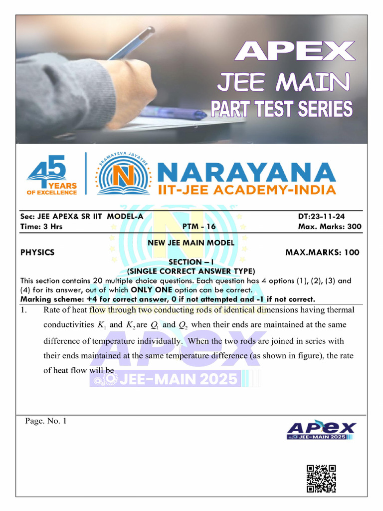 23-11-2024 - SR Iit - Jee Apex - Jee Main Model - ptm-16 - QP Final | PDF