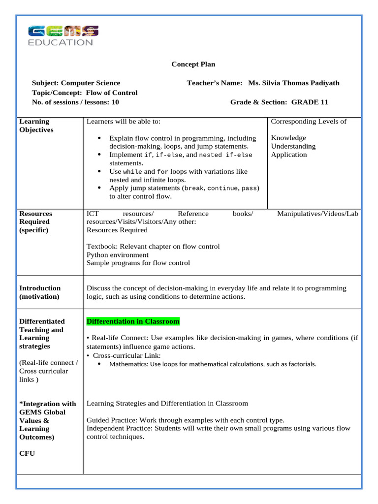 CONCEPT PLAN GRADE 11 - FLOW OF CONTROL | PDF | Control Flow | Learning CONCEPT PLAN GRADE 11 - FLOW OF CONTROL | PDF | Control Flow | Learning