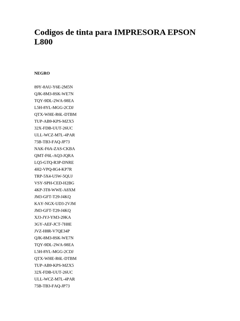Codigos de Tinta para IMPRESORA EPSON L800 | PDF | Color | Vision