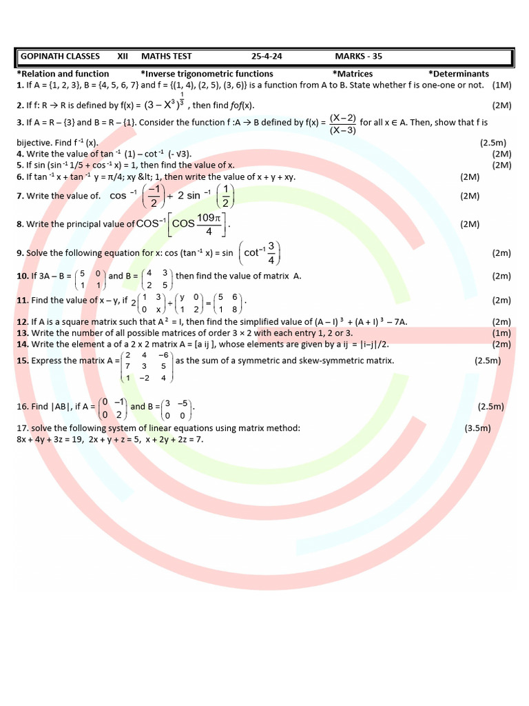 Xii Maths Test 25-4-24 | PDF | Matrix (Mathematics) | Mathematics