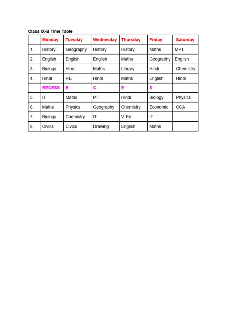 Class IX-B Time Table (24-25) | PDF | Language Arts & Discipline | Foreign Language Studies