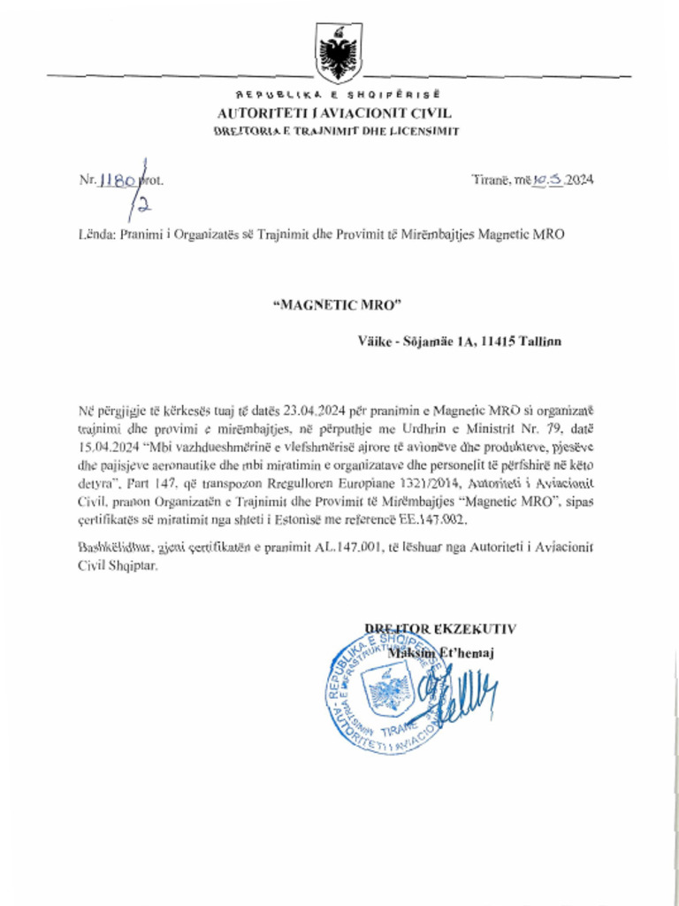 MAGNETIC Acceptance Certificate Issued by Albanian Civil Aviation ...