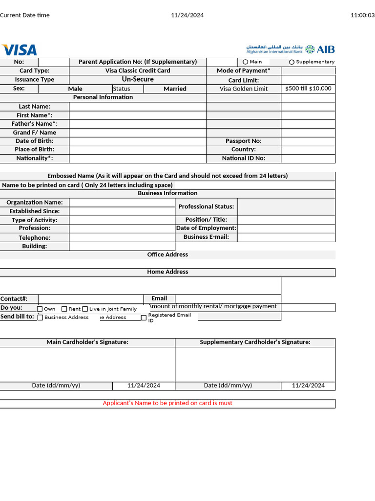 Visa Classic Credit Card Application Afghanistan International Bank | PDF | Banks | Visa Inc.