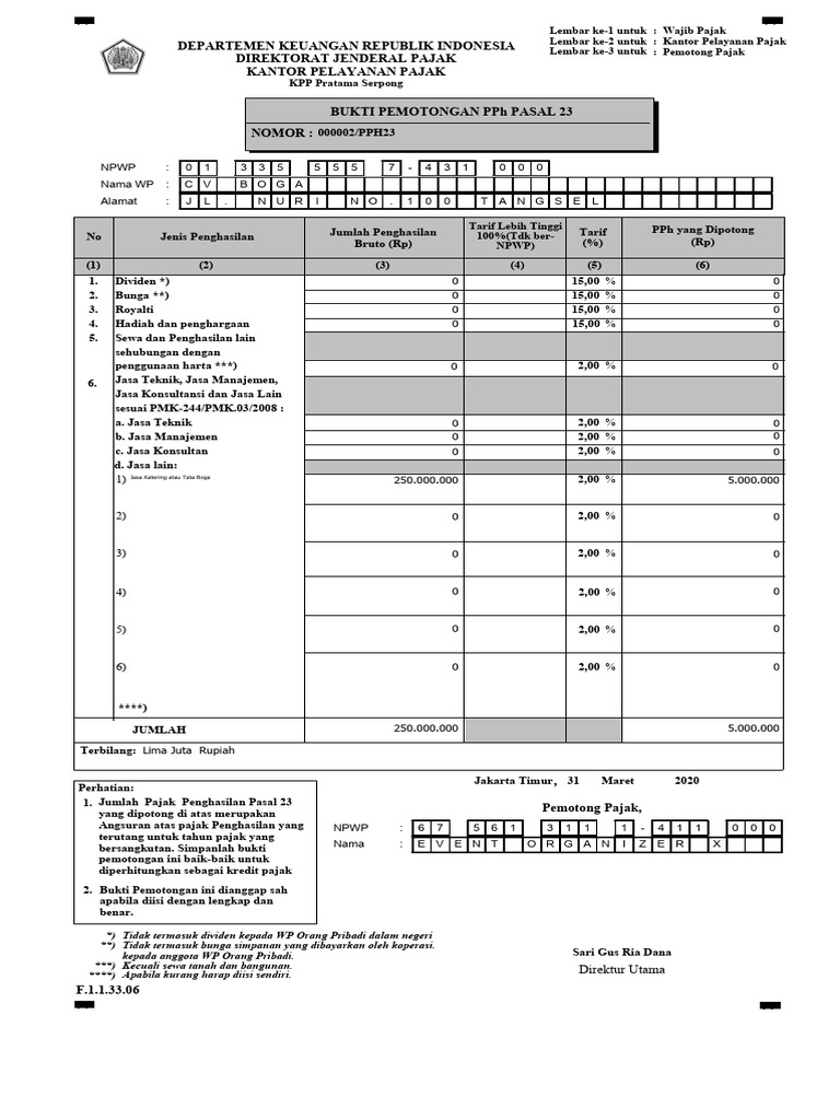 Sari Gus Ria Dana - Bupot PPH23 - CV Boga | PDF