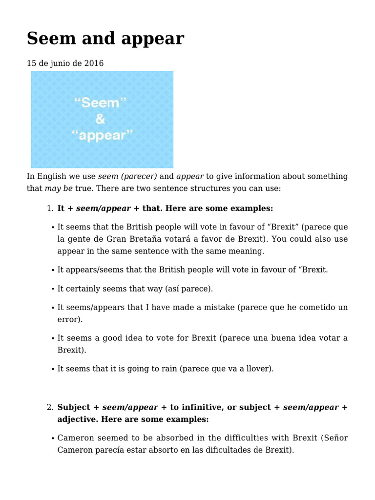 Seem and Appear Worksheet | PDF | Politics