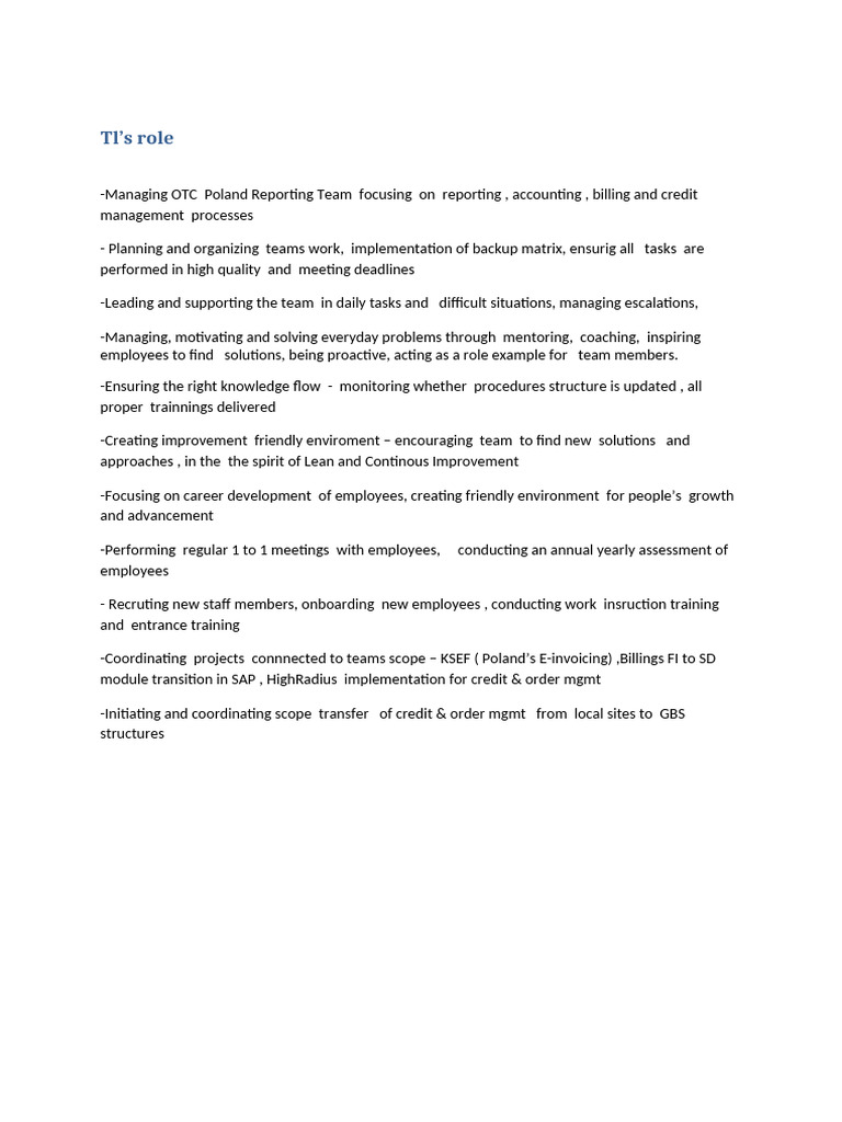 TL's Role | PDF | Finance & Money Management