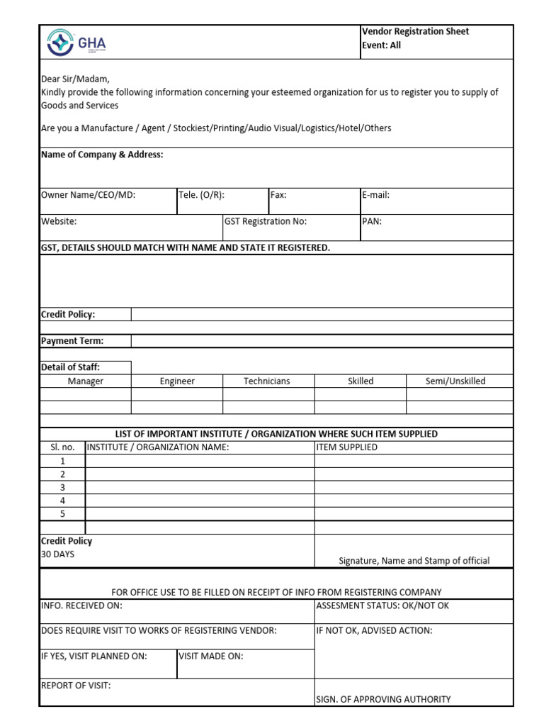 Gha - Vendor Registration Form | PDF