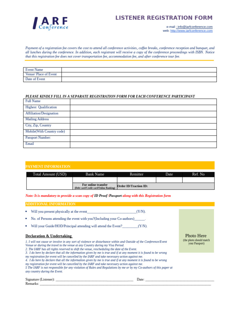 IARF Listener Registration Form New | PDF | Fee