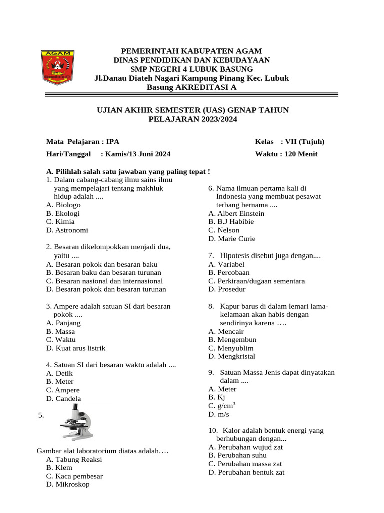 Soal UAS Kelas 7 Sem. II | PDF