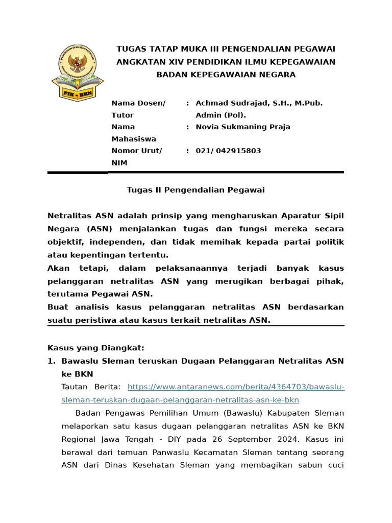 021 - Novia Sukmaning Praja - 042915803 - TTM3 Pengendalian Pegawai | PDF