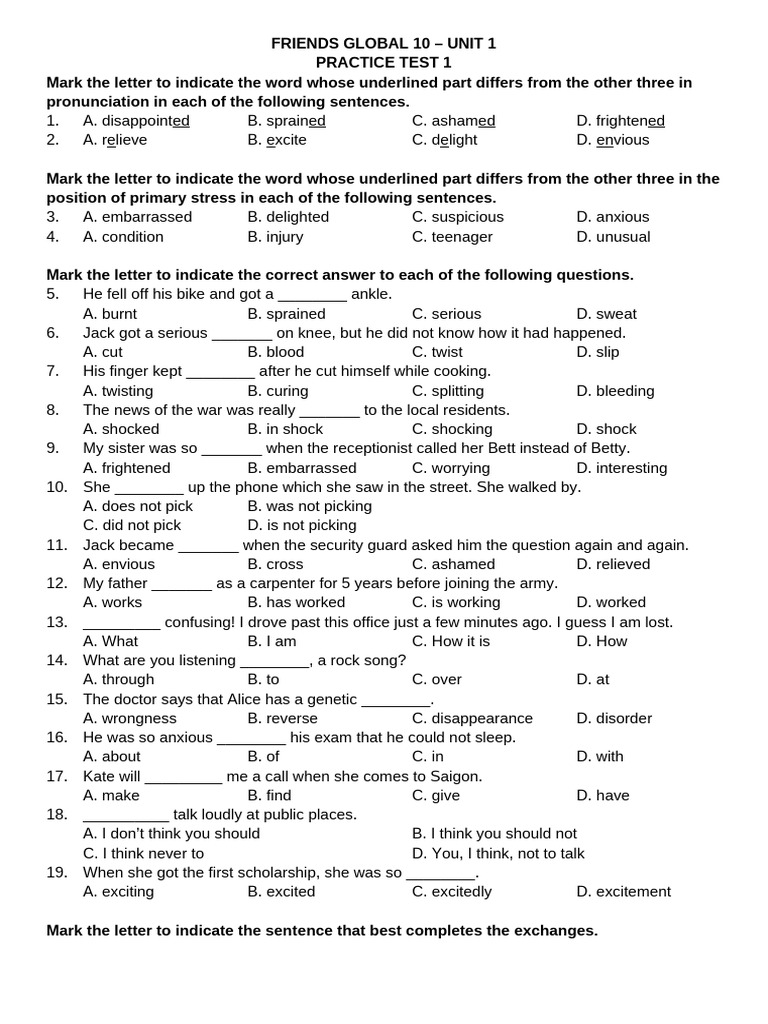 Friends Global 10 Unit 1 Practice Test | PDF | Stress (Biology ...