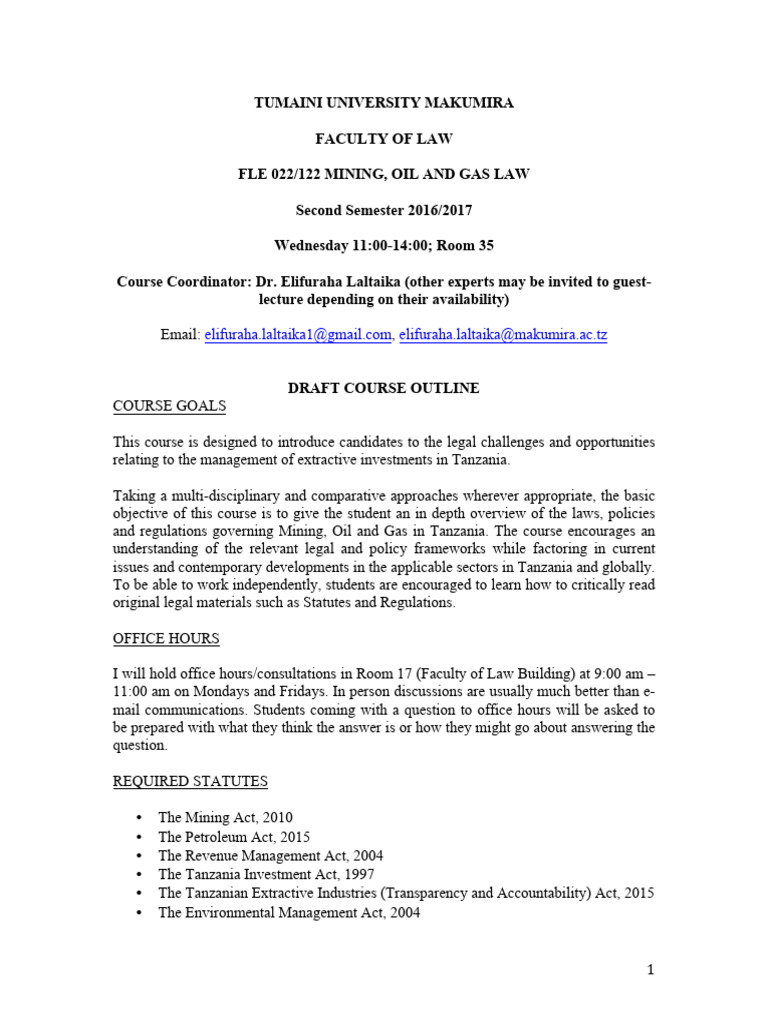 Course Outline Mining Oil and Gas | PDF | Tanzania | Mining
