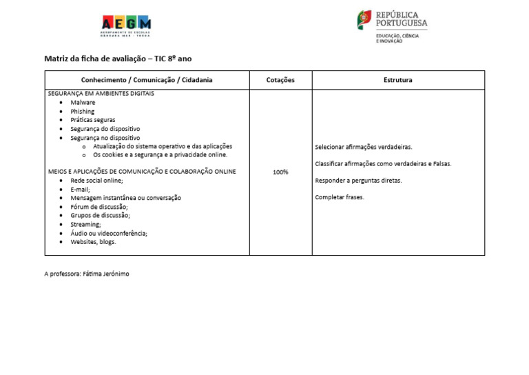 Matriz Da Ficha de Avaliação Tic8 | PDF