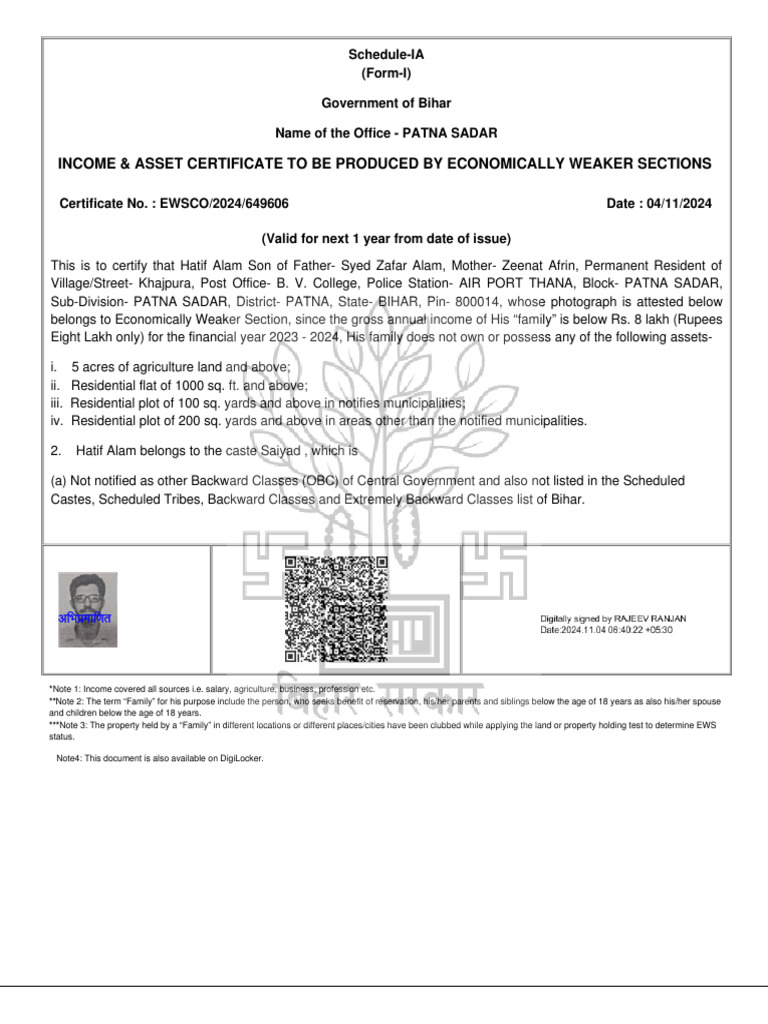 Income & Asset Certificate To Be Produced by Economically Weaker ...