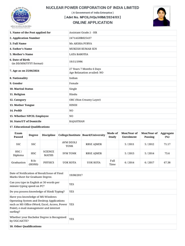NPCIL Recruitment Portal - Print Application Form | PDF
