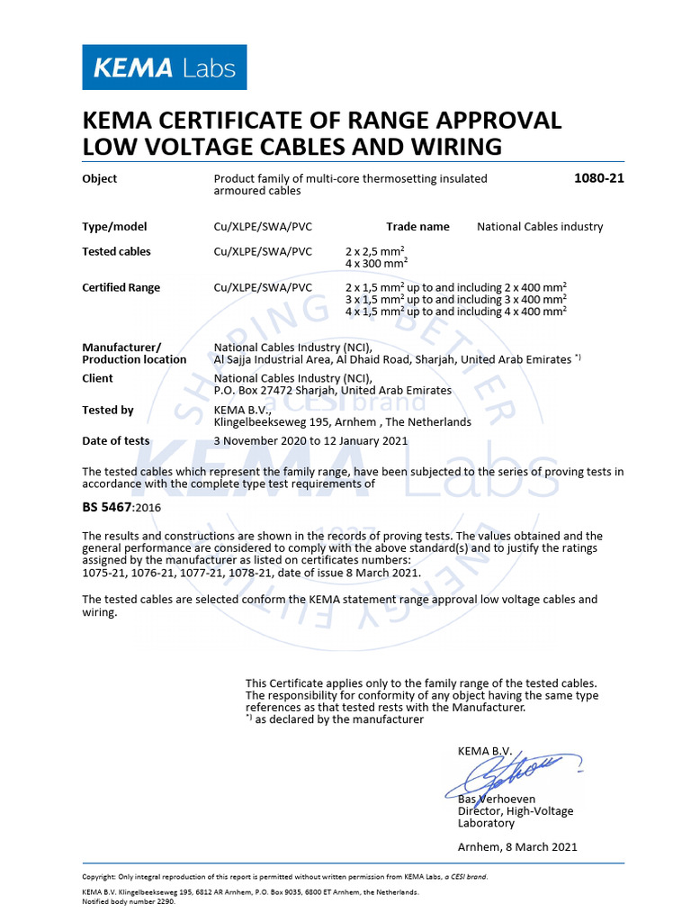 KEMA Range Certificate 2,3,4 Core 1.5 To 400 BS 5467-2021 | PDF ...