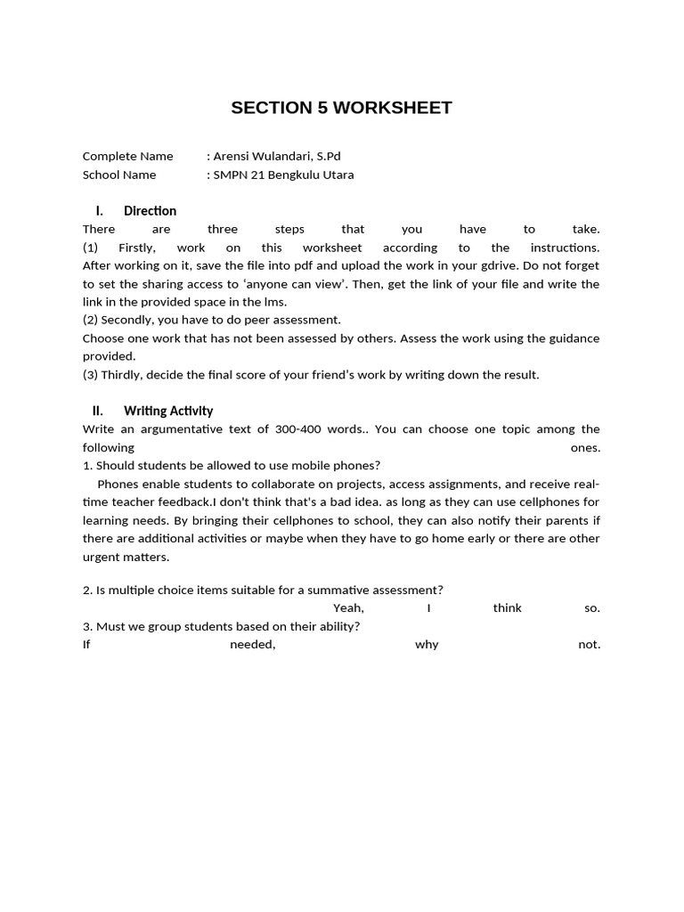 Section 5 - Iii.f Worksheet LMS - Pkgbi + Rubric | PDF | Essays | Cognition