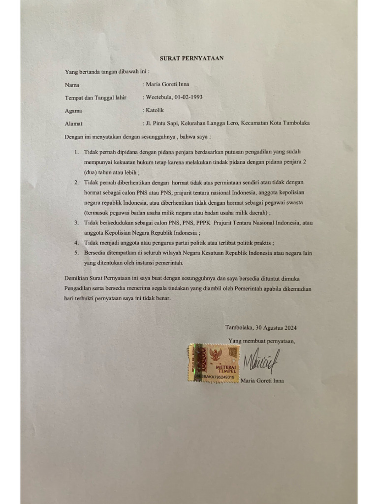 Surat Pernyataan Tidak Dipidana Maria CH | PDF