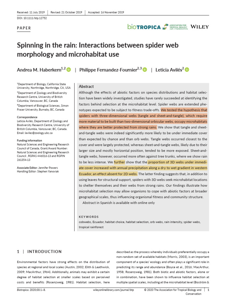 Spider Webs and Microhabitat Selection | PDF | Spider Web | Rain