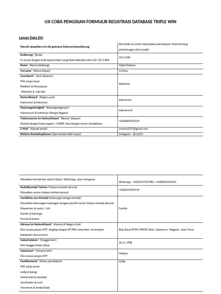 Formulir Uji Coba Pengisian TW Database Untuk Peserta Batch 4 - Kopie | PDF