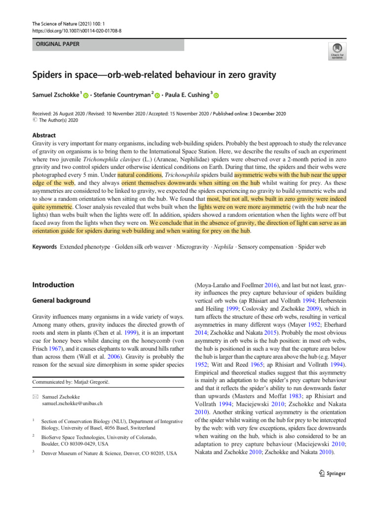2021 - Spiders in Space Orb Web Related Behaviour in Zero Gravity BEHAVIOUR ORB WEB | PDF ...
