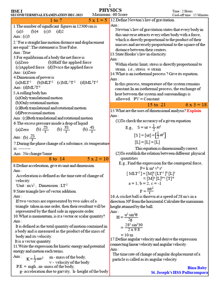First Year QP and Answers - Second Terminal Examination Dec-2023 | PDF | Force | Velocity