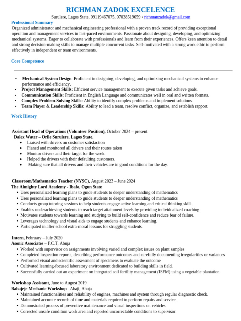 Richman Zadok Cv. Lag. - 151124 - 082045 - 082232 | PDF | Reliability Engineering | Project ...