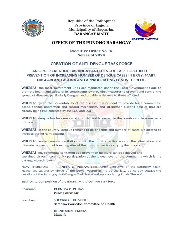 EO On Brgy Anti Dengue Task Force Sample Template | PDF | Public Health
