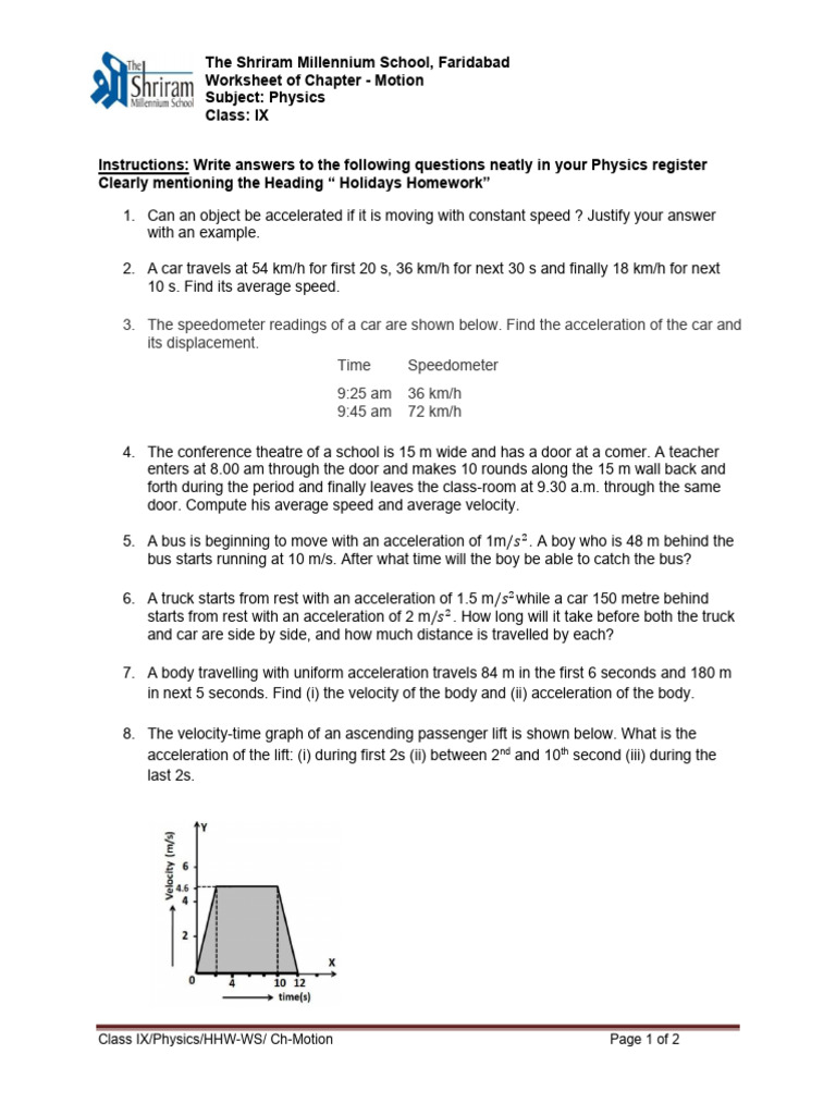 Class IX Physics: Motion Worksheet | PDF | Acceleration | Speed